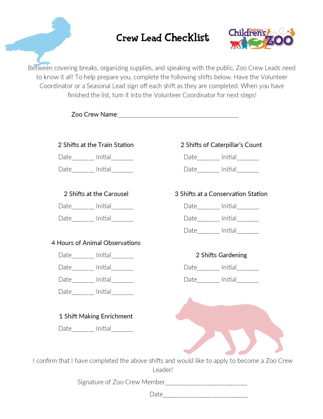 Crew Lead Checklist – Saginaw Children's Zoo